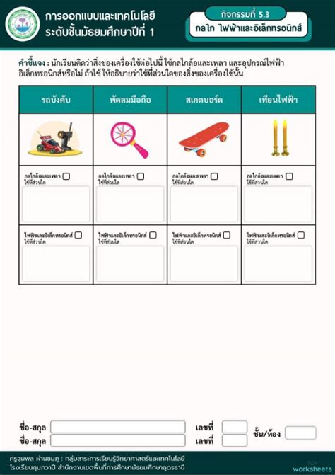 กิจกรรมที่ 5 3 กลไก ไฟฟ้าและอิเล็กทรอนิกส์ ใบงานเชิงโต้ตอบ Topworksheets