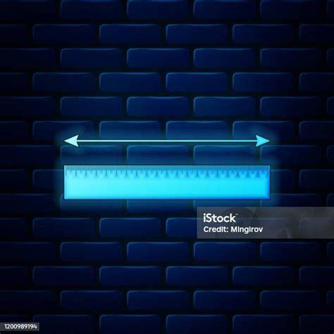 빛나는 네온 벽돌 벽 배경에 격리 된 측정 높이 와 길이 아이콘 눈금자 직선 배율 기호입니다 벡터 일러스트레이션 개념에 대한