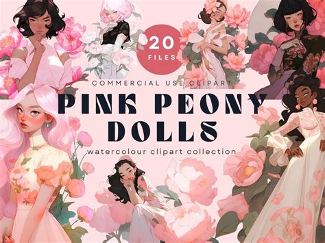 Pink Peony Dolls Clipart Collection Watercolor Fashion Clipart Floral