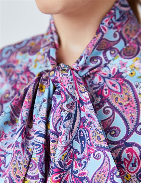 Satin Floral Print Womens Fitted Blouse With Single Cuff And Pussy Bow