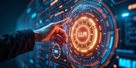 Hand Touching Glowing Llm Icon And Business Analytics Interface Stock