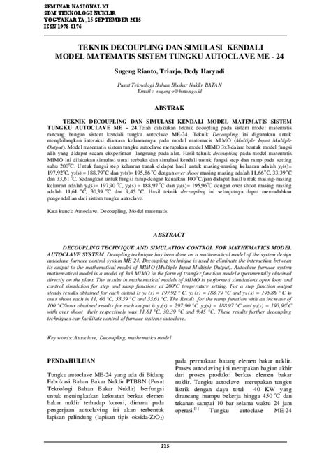 Teknik Decoupling Dan Simulasi Kendali Model Matematis Sistem Tungku Autoclave Me 24