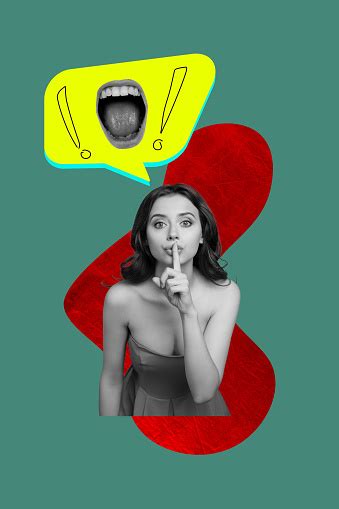 복합 콜라주 트렌드 삽화 템플릿 디자인 젊은 여자 보여 주다 몸짓 Shh 연설 구름 입 입술 외침 주의 은유 20 24세에 대한 스톡 사진 및 기타 이미지 Istock