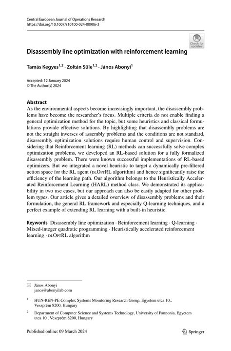 Pdf Disassembly Line Optimization With Reinforcement Learning