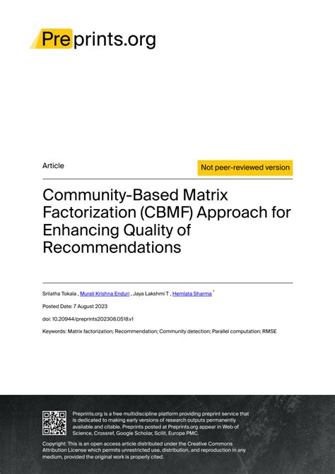 Pdf Community Based Matrix Factorization Cbmf Approach For Enhancing Quality Of Recommendations
