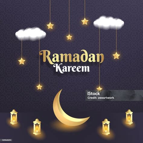 사실적인 황금 초승달 별과 등불과 라마단 카림 그림 황금 빛입니다 별들은 구름 에 매달려 있다 벡터 그림입니다 0명에 대한 스톡 벡터 아트 및 기타 이미지 Istock