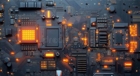 Circuit Board With Glowing Elements And Intricate Connections Illuminated In A Dark Environment