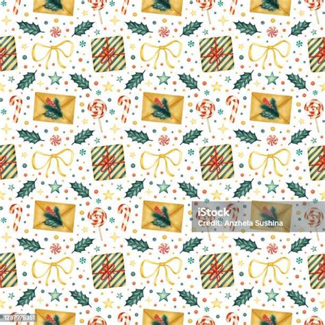 수채화 전통적인 크리스마스 요소 원활한 패턴 공예 편지 봉투 선물 상자 과자 홀리 별 디자인 프린트를 위한 홀리데이 핸드 그린