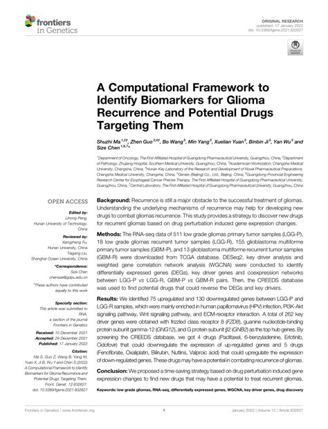 Pdf A Computational Framework To Identify Biomarkers For Glioma Recurrence And Potential Drugs