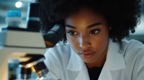 Woman Using Microscope In Laboratory Setting Premium Ai Generated Image