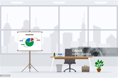 현대 빈 사무실 작업 장소 전면 뷰 벡터 일러스트의 디자인 플랫 스타일 테이블 책상 흑연 의자 컴퓨터 데스크탑 식물 도시 경관