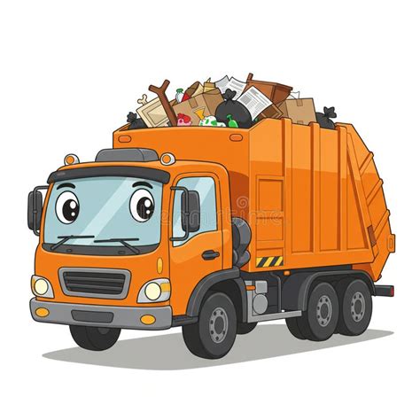 Cartoon Illustration Of An Orange Garbage Truck With Animated Facial Features Stock