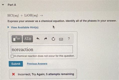 Solved HCl Aq LiOH Aq Express Your Answer As A Chemical Chegg Com