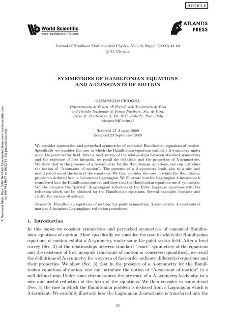 Pdf Symmetries Of Hamiltonian Equations And Λ Constants Of Motion