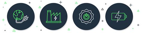라인 원자력 발전소 전원 버튼 글로벌 에너지 행성 및 배터리 아이콘을 설정합니다 벡터 건축하기에 대한 스톡 벡터 아트 및 기타