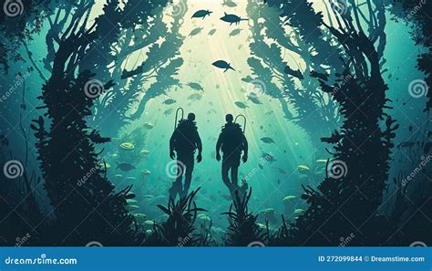 Dos Buceadores Silueta Bajo El Agua Nadando En Aguas Turquesas Entre Peces Apilados Bajo El Mar