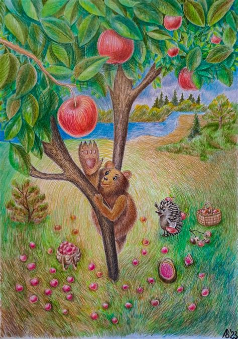 Иллюстрация Самое вкусное яблоко в стиле графика книжная графика