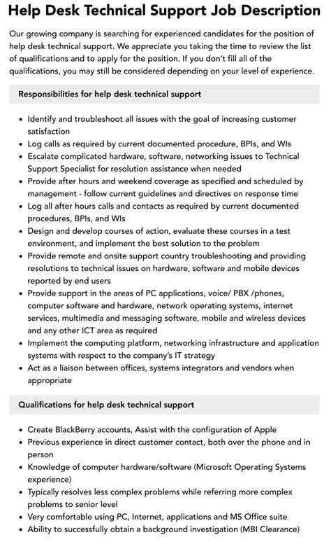 Help Desk Technical Support Job Description Velvet Jobs