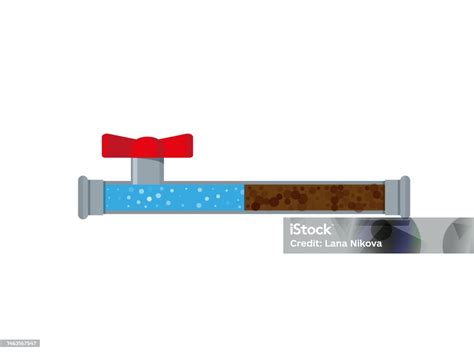 흰색 배경에 격리된 막힌 파이프와 쓰레기가 있는 벡터 스톡 그림 단면 파이프가 막히고 물 슬러지가 있습니다 배관 문제의