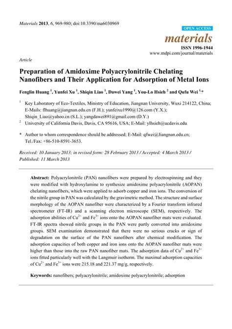 Pdf Preparation Of Amidoxime Polyacrylonitrile Chelating Nanofibers