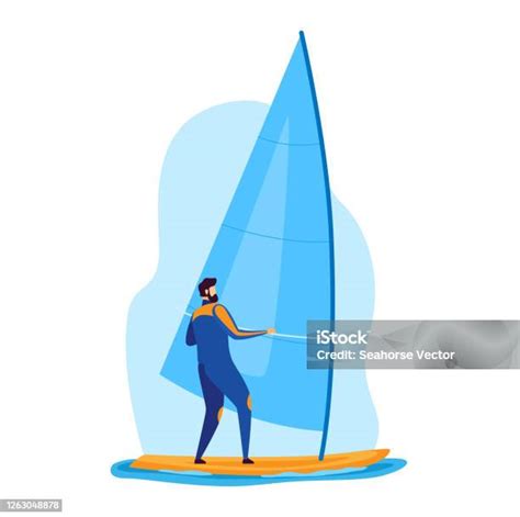 스포츠맨 벡터 일러스트레이션 만화 플랫 맨 서퍼 캐릭터 윈드 서핑 서핑 보드에 서 흰색에 고립 된 아이콘을 타고 윈드 서핑에