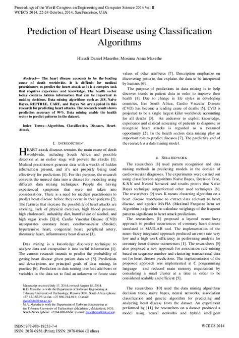 Pdf Prediction Of Heart Disease Using Classification Algorithms