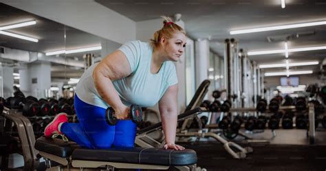 체육관 실내 벤치에서 아령으로 운동하는 중년 과체중 여성 사진 Unsplash의 플러스 사이즈 이미지