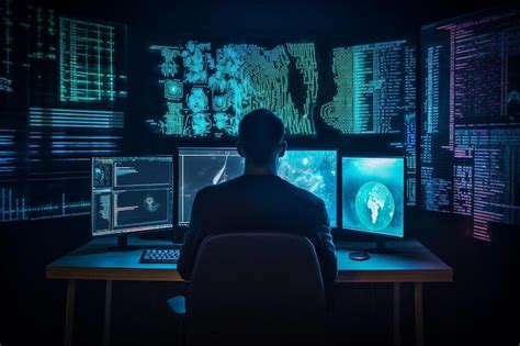 Premium Ai Image Software Developer Works With Ai Analysis On His Computer With Two Monitors