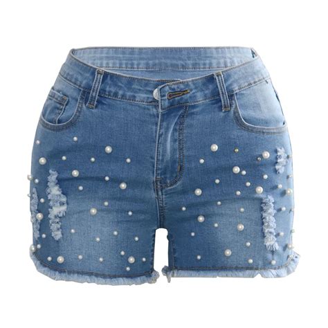 IMYSEN 2018 Fashion New Pearl Decorate Jeans Shorts Light Blue Zipper