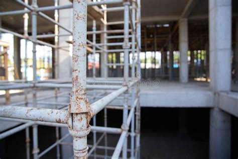 Scaffolding Assembly Erected In The Opening Of A Reinforced Concrete Structure At A Construction