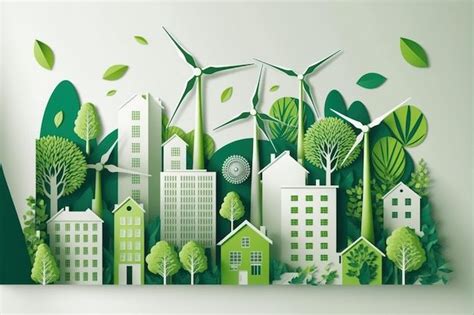 Green City With Trees Buildings And Windmills Cut Out Of Paper On