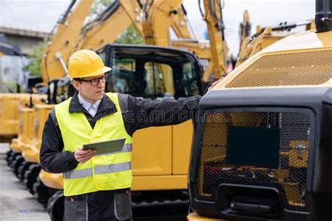Engineer With A Digital Tablet Stands Next To Construction Excavators