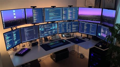High Tech Remote Workspace Setup With Multiple Monitors Ambient