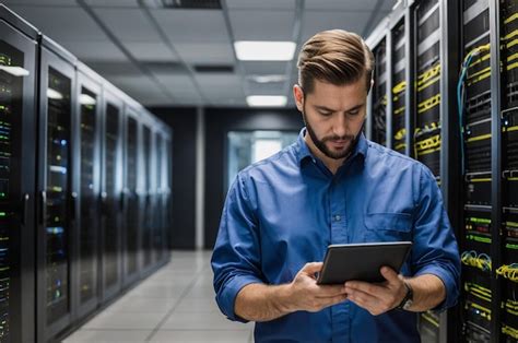 Admin In Data Center Using Tablet To Check For Server Performance Issues Premium Ai Generated