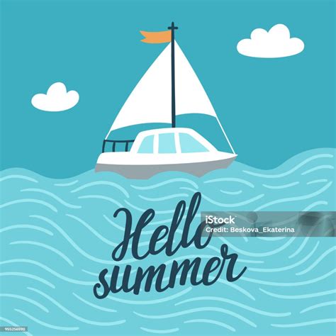 바다 보트와 텍스트 Hello 여름을 작성 하는 손을 벡터 배경 배와 바다 파도 함께 블루 카드입니다 0명에 대한 스톡 벡터 아트 및 기타 이미지 Istock