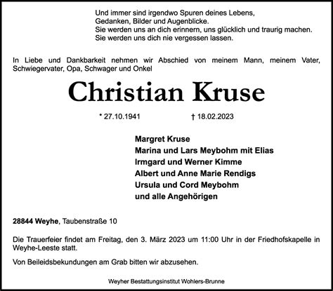 Traueranzeigen Von Christian Kruse Trauer And Gedenken