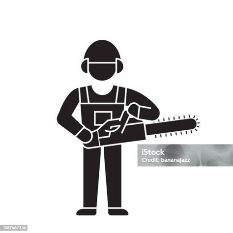 전기 톱 검은 벡터 개념 아이콘와 나무 꾼입니다 전기 톱 평면 그림 기호와 나무 꾼 수목 재배가에 대한 스톡 벡터 아트 및 기타 이미지 수목 재배가 아이콘 사슬톱