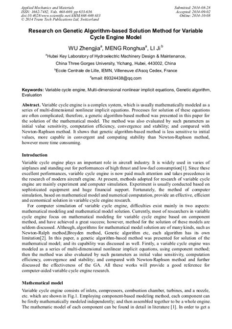 Research On Genetic Algorithm Based Solution Method For Variable Cycle Engine Model Scientificnet