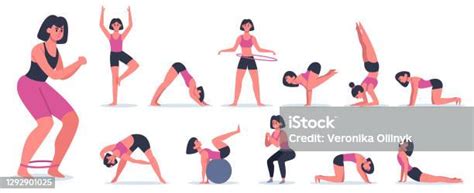피트니스와 요가 피트니스와 요가 필라테스 운동 요가 아사나 등 스포티한 젊은 여성 건강한 스포츠 라이프스타일 벡터 일러스트레이션 가냘픈에 대한 스톡 벡터 아트 및 기타