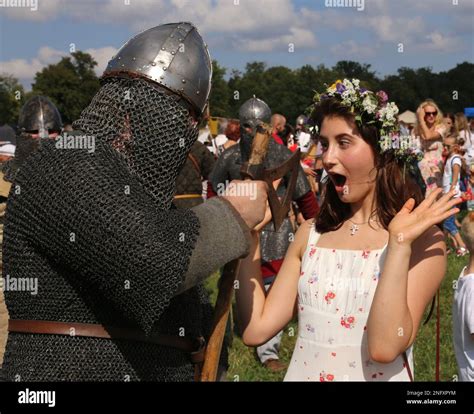 Cracow Krakow Poland Viking Warrior Presents His Weapon To Slavic
