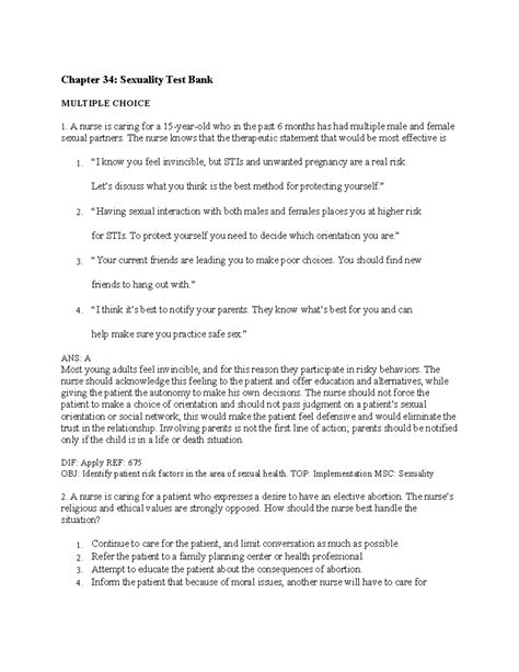 Sexualityy Lecture Notes Chapter Sexuality Test Bank MULTIPLE CHOICE A Nurse Is Caring