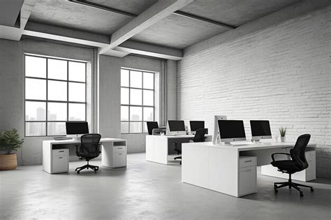 콘크리트 바닥을 가진 벽돌 오픈 스페이스 사무실 인테리어 빈 벽 조각과 벽을 따라 컴퓨터 책상 줄 프리미엄 Ai 생성 이미지