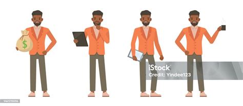 사무실 남자의 집합은 주황색 정장 캐릭터 벡터 디자인을 착용합니다 다양한 행동으로 프리젠 테이션 사무실 계획 사고 및 경제 분석에서 일하는 사람들 남자에 대한 스톡 벡터