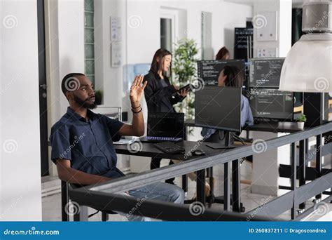 System Engineer Looking At Ar Hologram To Work On Data Script Stock Image Image Of Terminal