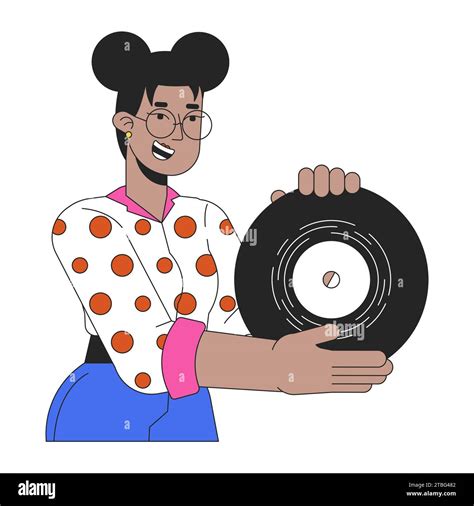 African American Girl Showing Vinyl Record 2d Linear Cartoon Character