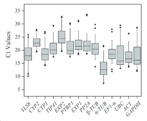 Distribution Of Ct Values Of Candidate Reference Genes Across All Of Download Scientific