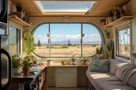 Premium AI Image Panoramic Window View From Inside A Tiny Home
