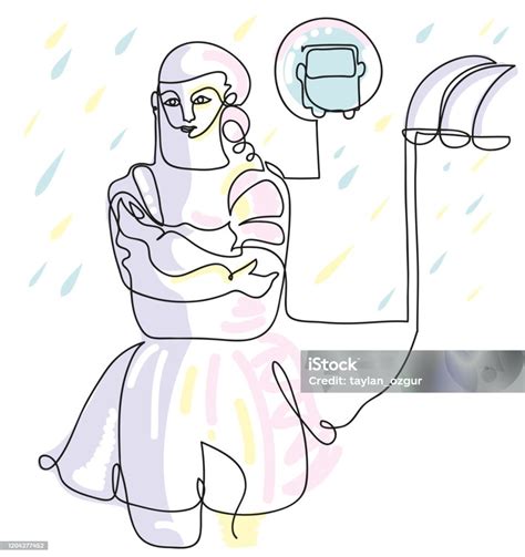 비가 내리는 버스 정류장에서 기다리는 외로운 우울한 여성의 연속 선 그리기 고독 부정적인 감정 표현에 대한 스톡 벡터 아트 및 기타 이미지 고독 부정적인 감정 표현