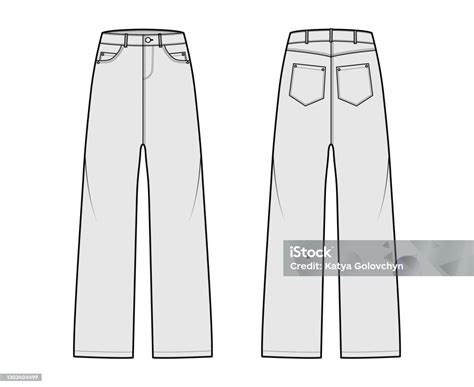 전체 길이 낮은 허리 상승 5 포켓 리벳 벨트 루프와 헐렁한 청바지 데님 바지 기술 패션 일러스트 0명에 대한 스톡 벡터 아트