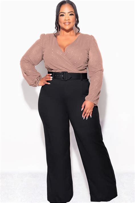 Final Sale Plus Size Sheer Glitter Faux Wrap Top In Tan Plus Size